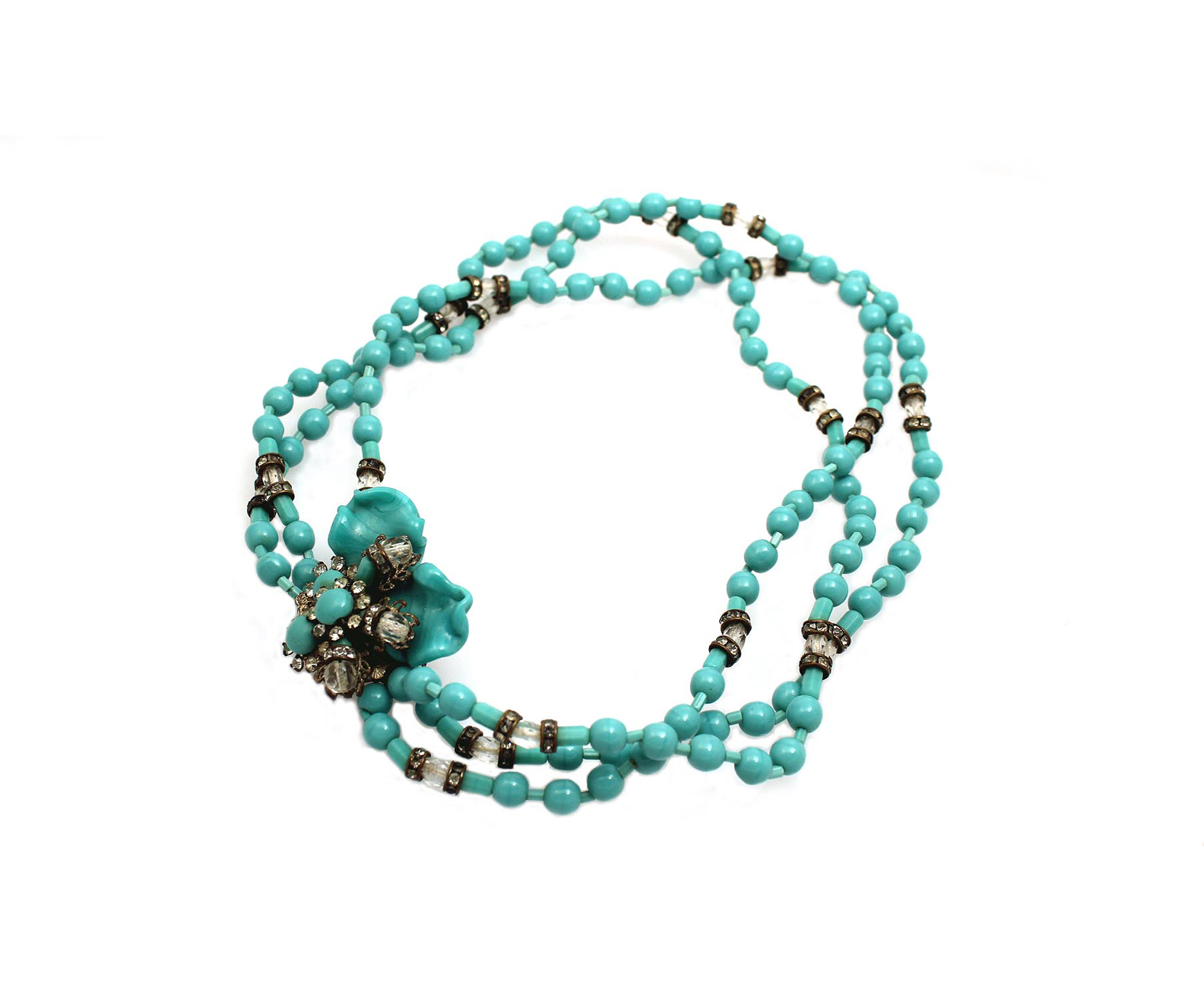 Vintage Miriam Haskell Glass Turquoise Bead Multi Strand Necklace ...