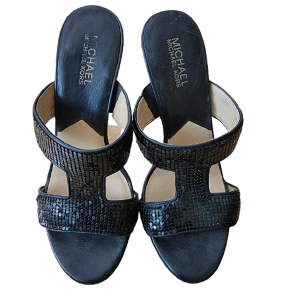 Michael Kors Black Sequin Double Strap Bareback Heels Mules Shoes ...